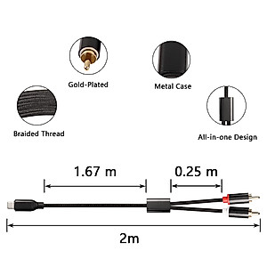 CERRXIAN 6.56FT USB C to Dual RCA Audio Stereo Cable, USB Type C Male to 2 RCA Male AUX Y Splitter Cord for Tablet, Laptop,Phone,Amplifier(2RCA-C)
