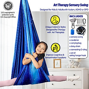 Sensory Swing for Kids & Adults Holds up to 300lbs Indoor & Outdoor Double Layer Therapy Cuddle Swing with 360° Swivel Hanger Kit for Calming, Effect for Autism, ADHD or SPD. (Star Blue)