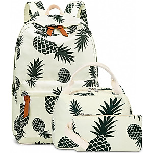 Bookbag School Backpack Girls Cute Schoolbag for 15 inch Laptop backpack set (Beige A002 Green pineapple)