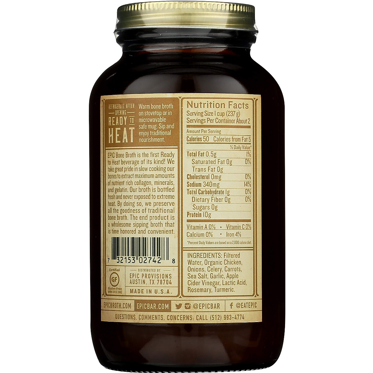 EPIC Homestyle Savory Chicken Bone Broth, Whole30, 14fl oz Jar (Pack of 6)