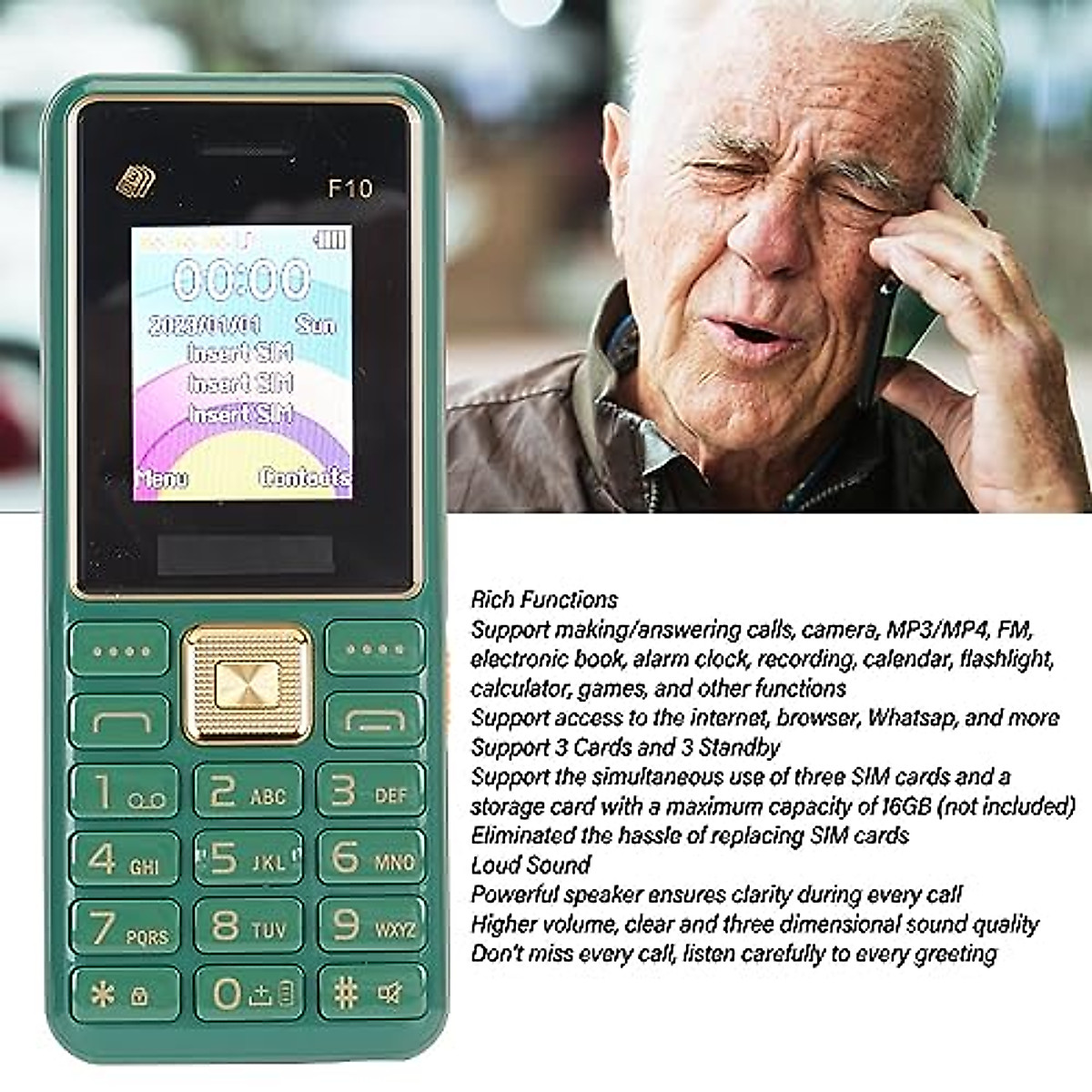 ASHATA Unlocked Cell Phone, 1.8 Inch Screen 2G GSM Unlocked Mobile Phone 3600mAh Battery Large Button Loud Volume Seniors Phone 3 SIM Cards Slots 16GB BT FM Flashlight (US)