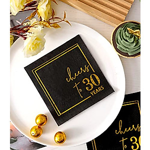 Cheers to 30 Years Cocktail Napkins - 50PK - 3-Ply 30th Birthday Napkins 5x5 Inches Disposable Party Napkins Paper Beverage Napkins for 30th Birthday Decorations Wedding Anniversary Black and Gold