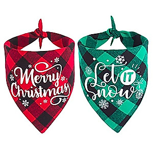 ADOGGYGO 2 Pack Dog Bandana Christmas Classic Buffalo Plaid Dog Scarf Triangle Bibs Kerchief Merry Christmas Pet Bandana for Dogs Pets (Merry Christmas&let it Snow)