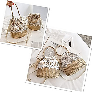 Anopo Straw Shoulder Bag Women Girls Drawstring Lace Woven Travel Handbag Rattan Bucket Summer Beach Hobo Bag Bohemian Crossbody Tote Purse-Leaf