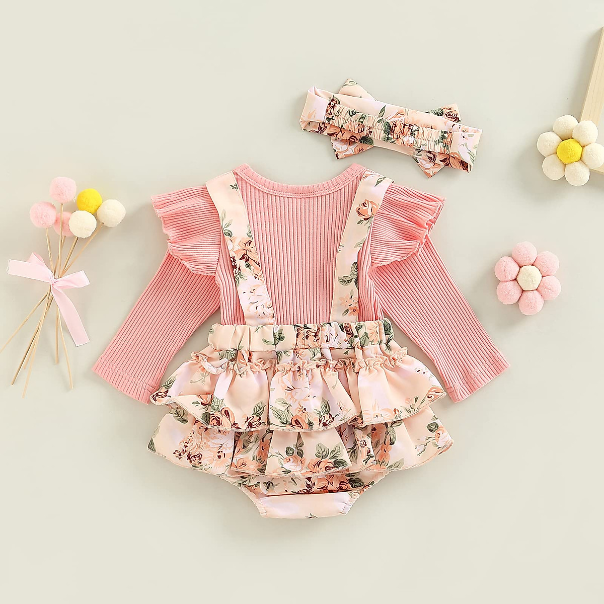 Mubineo Baby Girl Spring Fall Clothes Outfits Long Sleeve Lace Floral Romper Dress Newborn Outfit (Sc Pink, 0-3 Months)