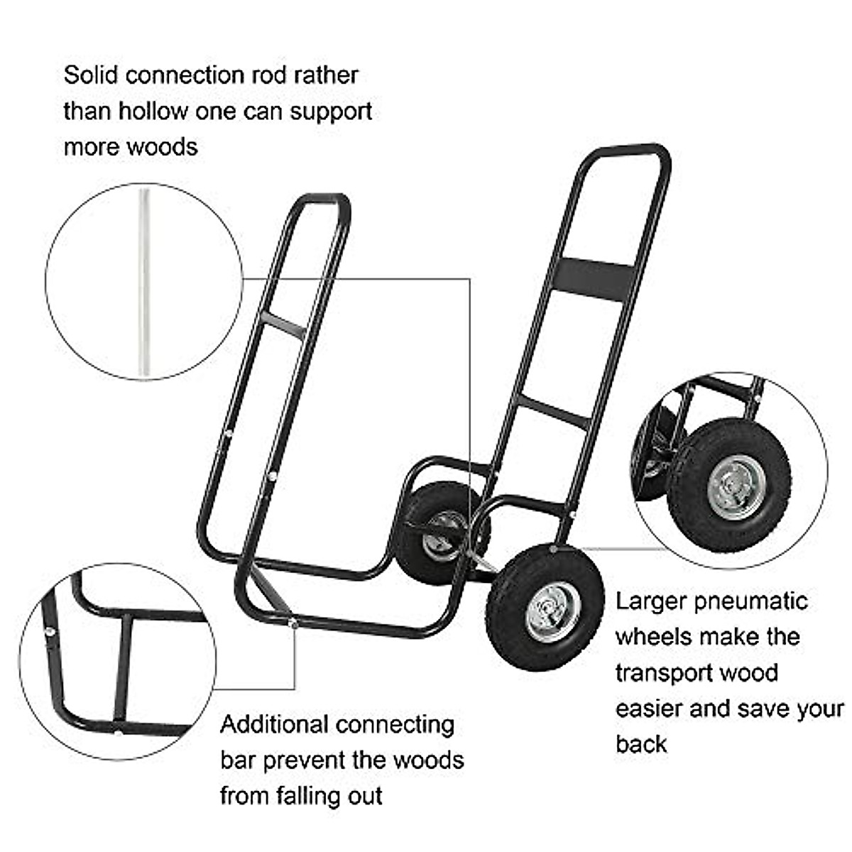 LEADALLWAY Firewood Cart Wood Hauler Fireplace Log Carrier Mover|Outdoor Indoor Heavy Duty Steel Firewood Storage Carrier Cart With 2 Pheumatic Wheels, Labour-Saving Wood Stove Accessories Tools