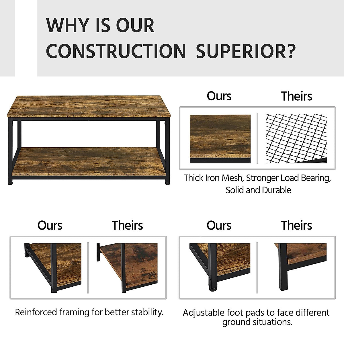 Yaheetech 2-Tier Coffee Table, Industrial Wood Coffee Table with Storage Shelf for Living Room, Rectangle Side End Table with Metal Frame, Rustic Brown