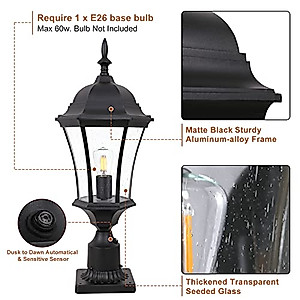 GOALPLUS Dusk to Dawn Post Light, 20" High Black Outdoor Lamp Post Light Fixture with Pier Mount for Garden, Exterior Post Lantern with Seeded Glass for Yard, Patio and Pathway, LMMS4610-S-BK-2P