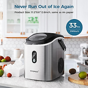 Vividmoo Ice Makers Countertop with Handle,33Lbs/24H,Portable Ice Maker Machine with Self-Cleaning,Perfect for Home Kitchen(Sliver)