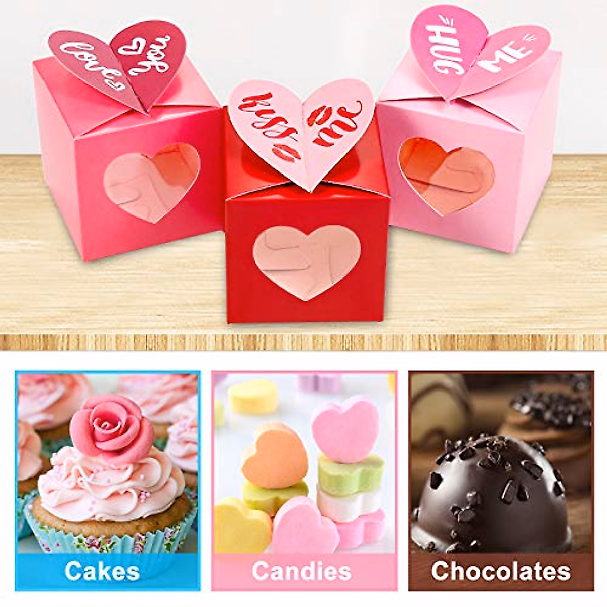 Whaline 24Pcs Valentine's Day Treat Boxes Red Rose Red Pink Heart Cardboard Box with Window 3 Inch Valentines Gift Container with Instruction for Goodie Cookie Candy Sweet Crafts Party Favor Supplies
