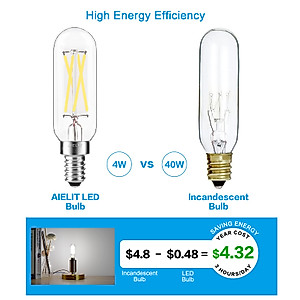 AIELIT T8/T6/T25 E12 LED Light Bulbs 40-Watt Equivalent, Natural White 4000K, Clear Glass, Tubular 4W Dimmable LED Filament Bulb for Home, Restaurant, 4-Pack