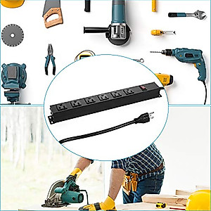 6 Outlets Metal Power Strip, Wall Mount Heavy Duty Power Outlet with Switch, Aluminum Alloy House, 14AWG Power Cord, 15A 125V 1875W, Black (6 FT)