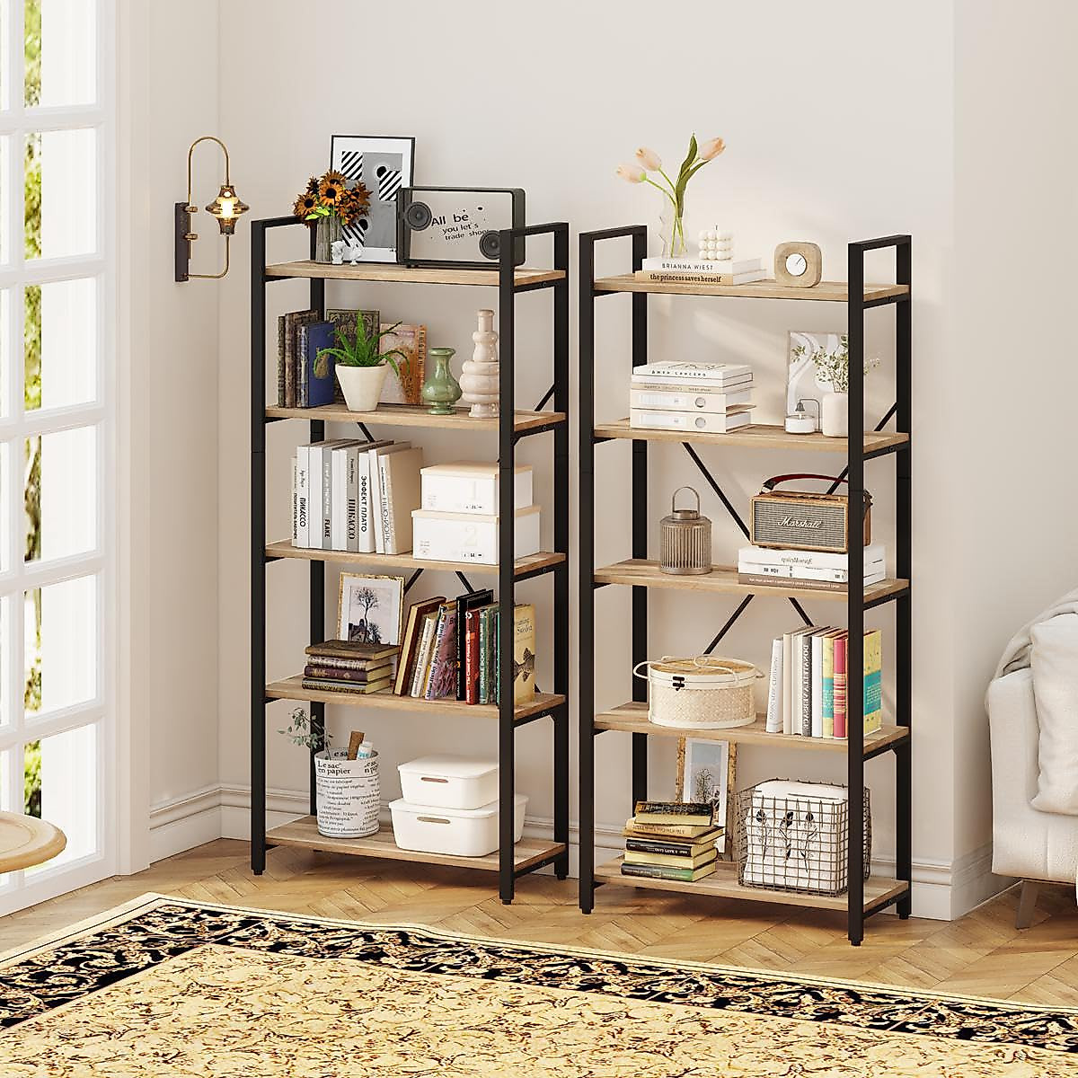 FATORRI 5 Tier Bookshelf, Industrial Wood and Metal Book Shelves for Display, Tall Etagere Bookcase and Rustic Shelving Unit (Rustic Oak)