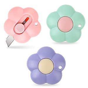Cute Retractable Box Cutters Flower Shaped Mini Box Cutters Utility Knives Art Cutter Package Opener Tool for Office, Home, DIY Crafts (Purple&Green&Pink)