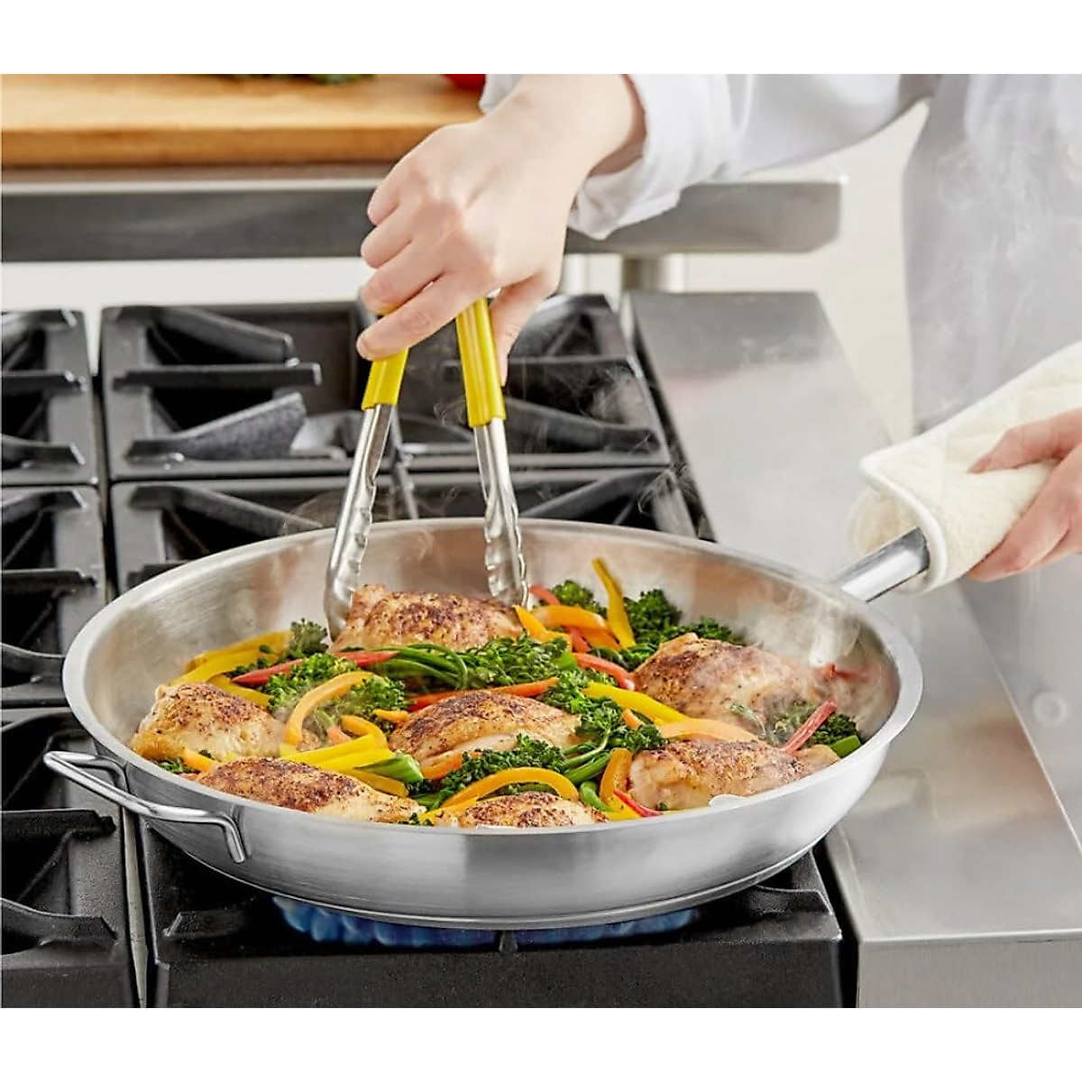 Soro Essentials- 14” Stainless Steel Frying Pan with Tri-Ply Encapsulated Base Bottom and Helper Handle- Fry Pan Skillet Egg Pan Omelet Pan Perfect for Searing and Sautéing Induction Ready
