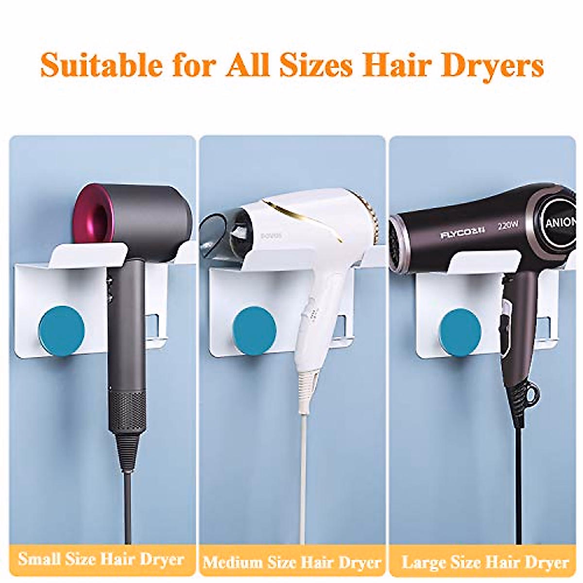 AKLVBL Hair Dryer Stand Holder Wall Mounted, New Upgrade Punching Or Nails-Free Glue Two Ways Blow Dryer Holder Rack Organizer for Dyson Supersonic Hair Dryer(White+Blue)