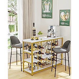 Teraves Modern Wine Rack Table, 47 Inch Wine Baker's Rack with Storage Shelves, 4 Tier Freestanding Wine Rack for Bar, Buffet, Home Kitchen Dining Room Living Room (White Marbling+ Gold Frame)