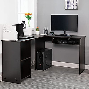 PayLessHere 55" L Shaped Desk,Corner Computer Desk Corner Gaming Desk for Small Spaces Study Writing Table Workstation with Storage Shelves for Home Office, Black