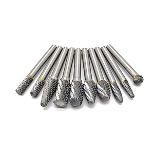 10Pcs Carbide Burrs Set 1/4" Shank, Double Cut Die Grinder Bits, Assorted Solid Tungsten Carbide Rotary Burr Set for Wood Carving Metal Working Polishing Engraving Drilling