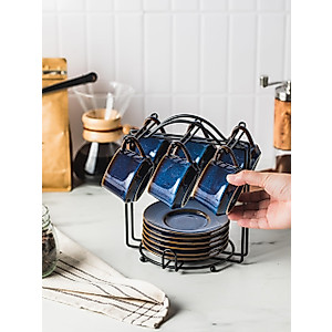 YHOSSEUN Espresso Cups Set of 6, 4 OZ Expresso Shots Cup Small Coffee Cup with Sacuers Metal Stand, Ceramic Espresso Cups for Cappuccino, Latte, Cafe Mocha and Tea, Blue
