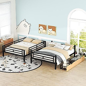 SIYSNKSI Full Size Convertible Bunk Bed with 2 Drawers, Metal Bunk Bed Frame with Ladder and Safety Guardrail for Kids Teens Boys Girls Bedroom, No Box Spring Needed