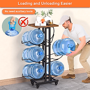 5 Gallon Water Jug Holder,3 Tier Foldable Heavy Duty Water Jug Stand Water Bottle Holder Organizer with Lockable Casters Water Dispenser Stand Rack with Removable Wood Top Shelf for 6 Bottles