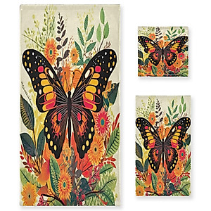 Flradish Flowers Butterflies Towels 3 Pack Bath Towels for Bathroom Set Soft Cotton Highly Absorbent Lightweight & Quickdry Towel Set 1 Bath Towel,1 Hand Towel,1 Washclothe