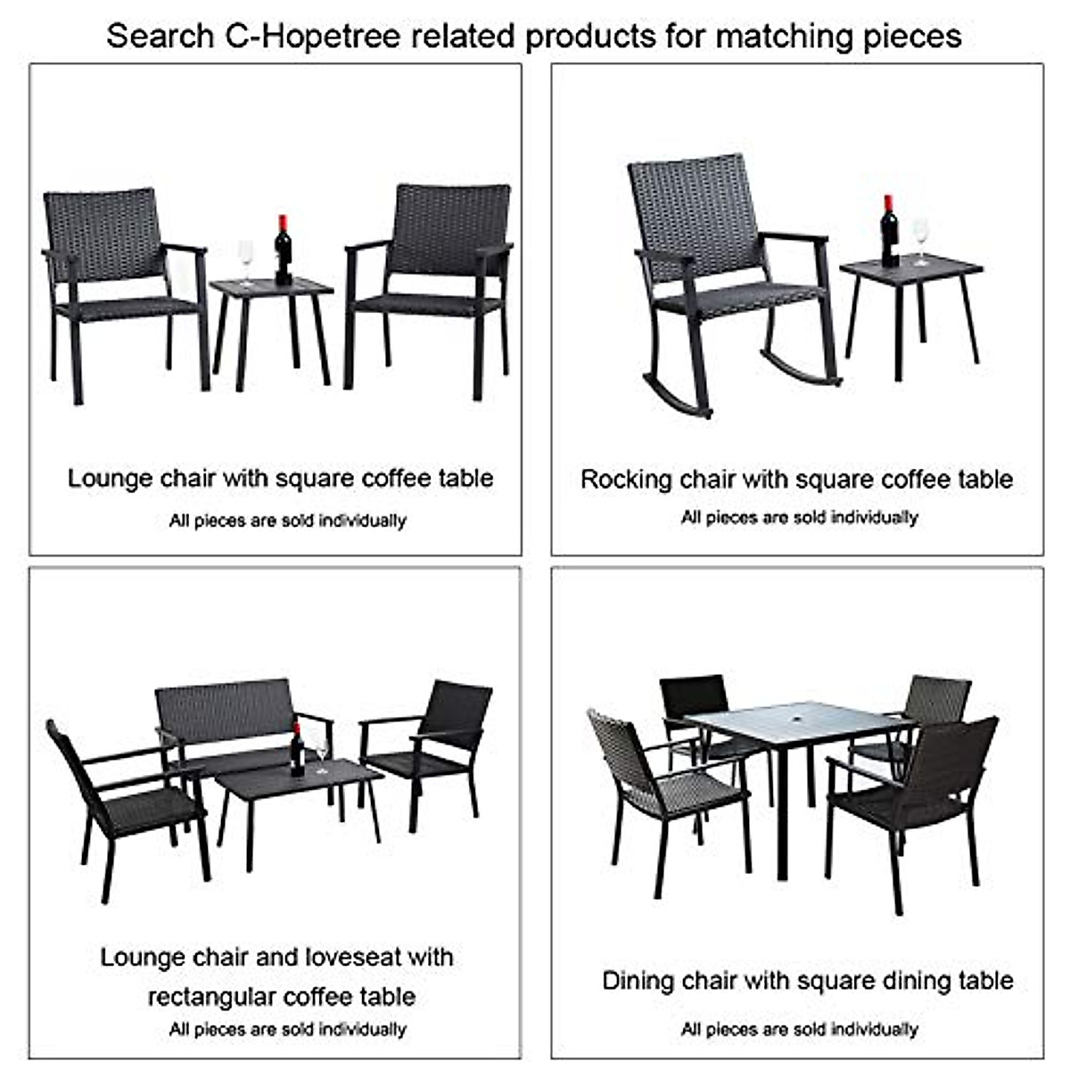 C-Hopetree Outdoor Loveseat Bench Chair for Outside Patio Porch, Metal Frame, Black All Weather Wicker