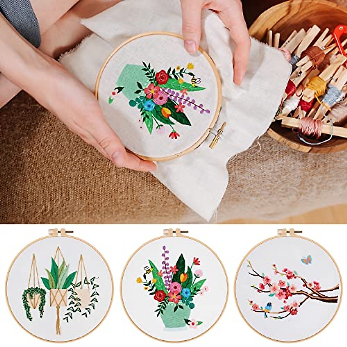 Nuberlic 3 Sets Stamped Embroidery Starter Kit with Instruction for Adults Beginners, Cross Stitch Kits Include Embroidery Needlepoint Cloth Hoops Needles and Threads