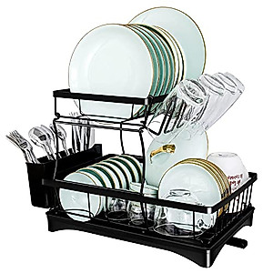 huspossesser Dish Drying Rack for Kitchen Counter, 2 Tier Dish Rack and Drainboard Set, Large Capacity Stainless Steel Dish Drainer, Dish Strainers with Utensil Holder and Cup Rack, Black