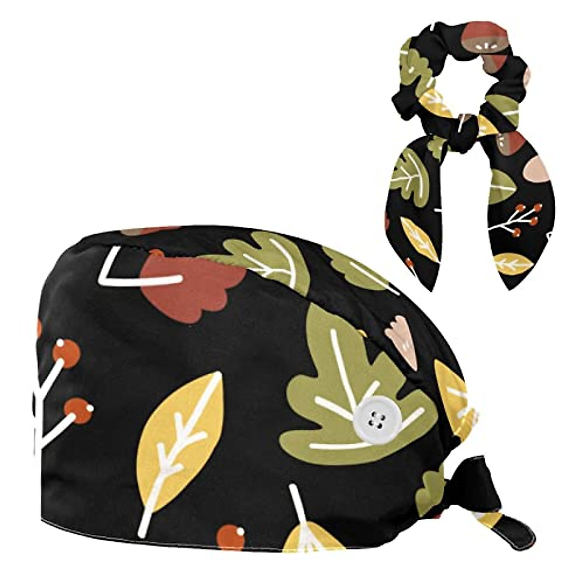 Working Cap with Button & Sweatband, Adjustable Tie Back Hats for Men Women Bouffant Caps, Fall Leaves Acorns