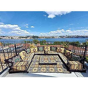 U Shaped Arabic Floor Sofa Set, Black Floor Cushions, Balcony Patio Sofas, Pallet Sofa, Ethnic Sofa, Moroccan Sofas, Sectional Sofas,Pouffs (U Sofa Full Set)