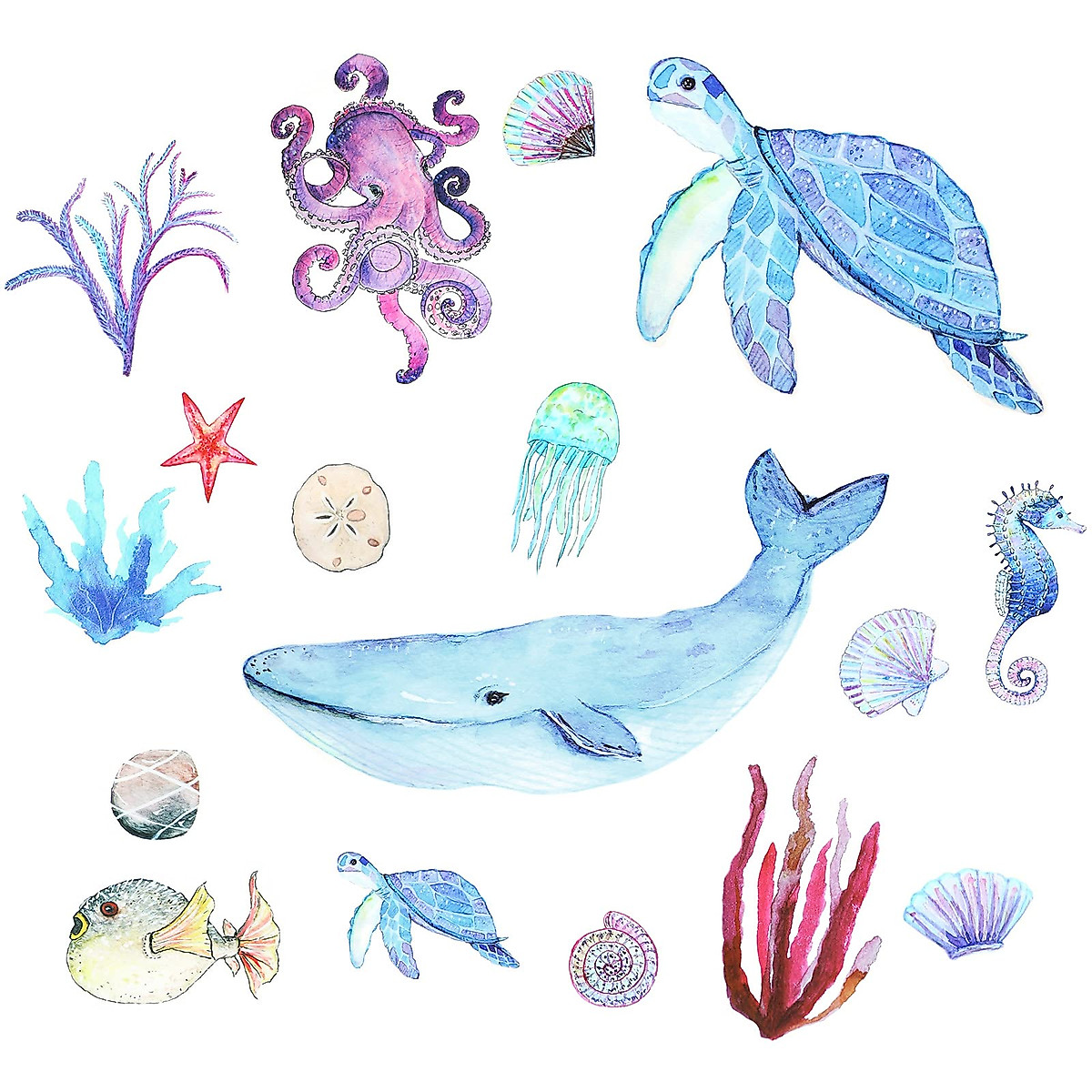 Marspark Under the Sea Wall Decals 3 Sheets Sea Turtle Wall Stickers Ocean Animal Wall Art Decals Underwater Ocean Grass Colorful Seaweed Decals Bubbles Vinyl Wall Sticker for Bedroom Living Room Home