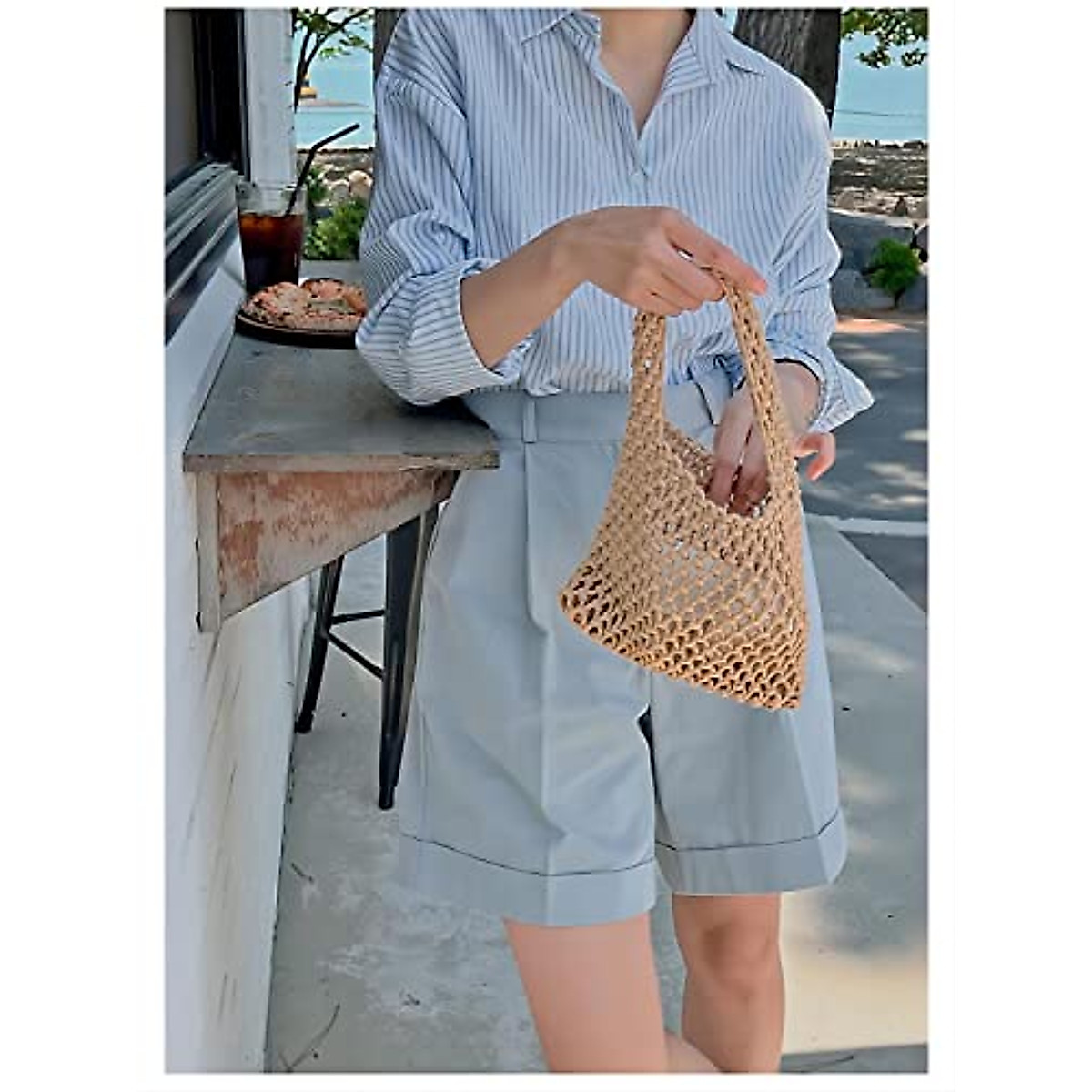 Cotton Rope Travel Beach Bag Handmade Woven Fishing Net Handbag Summer Weave Tote for Women Girls