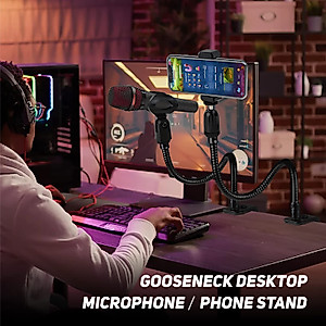 Desktop Mic Stand 13" Flexible Gooseneck Microphone Stand Desk Universal Microphone/Phone Stand Holder with Heavy Duty Desk Clamp, Mic Clip, 3/8" to 5/8" Screw Adapter for Blue Yeti, Shure, Other Mic