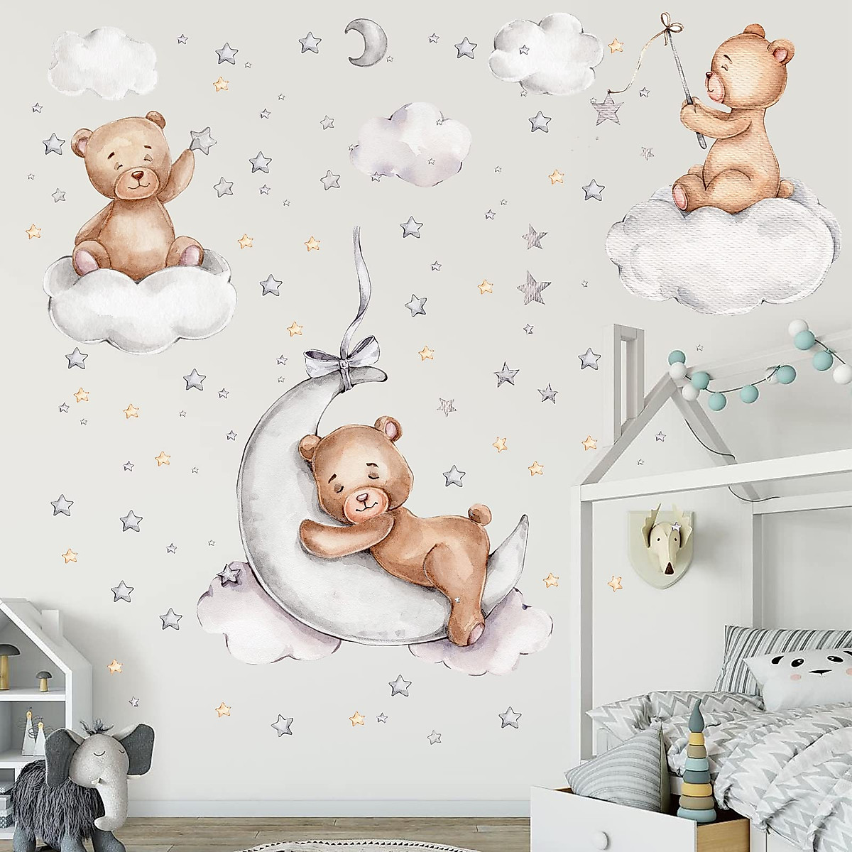 Bear Sleeping on The Moon and Stars Wall Stickers for Kids Room Decals Sweet Dream Moon Star Nursery Decor Baby Toddler Girls Shower Room Interior Decor Kid Playroom Wall Decals (23.6in x 35.4in)
