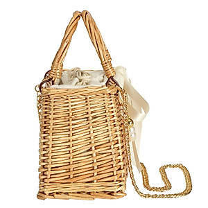 So'each Women's Handmade Rattan Wicker Artificial Pearl Shoulder Bag Beige