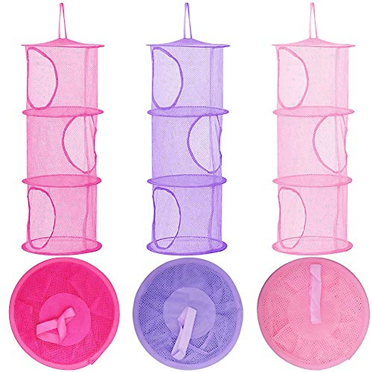 3Pcs Hanging Mesh Space Saver Bags Organizer 3 Compartments Toy Storage Basket for Kids Room Organization mesh Hanging Bag Set (Pink, Rose, Purple)