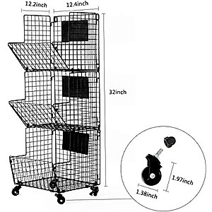3 Tier Rolling Toy Organizer Basket - Wire Kids Toy Storage with Wheel, S-Hooks, Adjustable Chalkboards - Toy Storage Cart Wall Bookshelf for Kids Room, Playroom, Bedroom