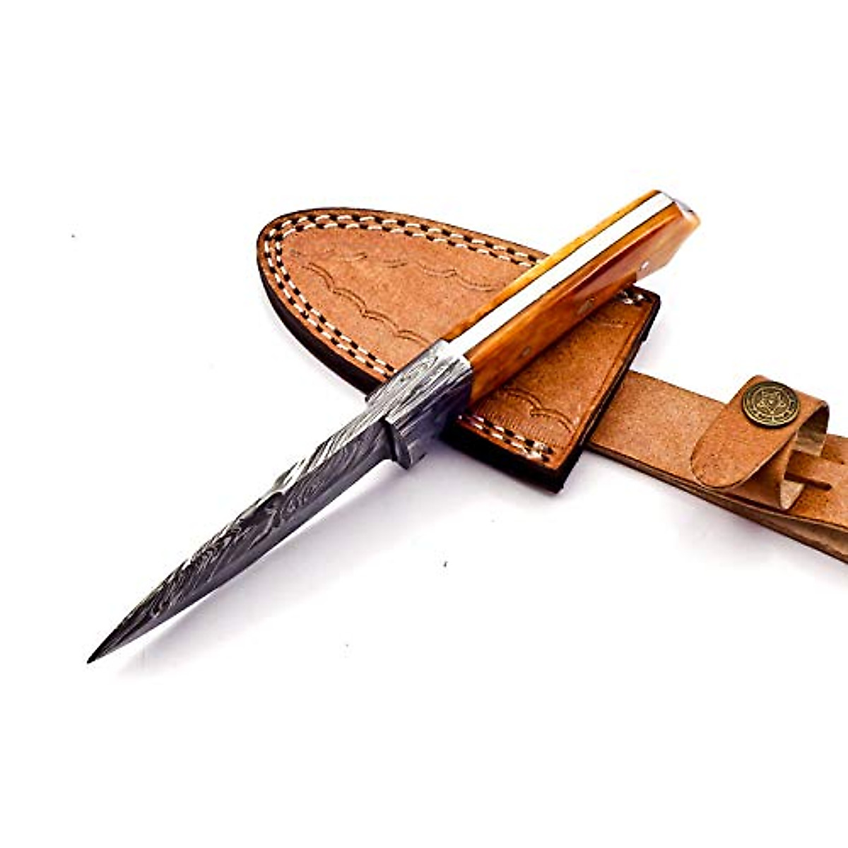 Nooraki SK-REG 44 Custom Handmade Damascus Steel Knife, Hunting knife, Camping knife, Survival Knife, Coloured Bone Handle, Full Tang with Leather Sheath