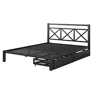 OTRIEK Queen Bed Frame with 2 Storage Drawers, Metal Platform Bed Frame with Headboard, No Box Spring Needed for Teens Adults Bedroom, Noise Free/Easy to Install (Queen)