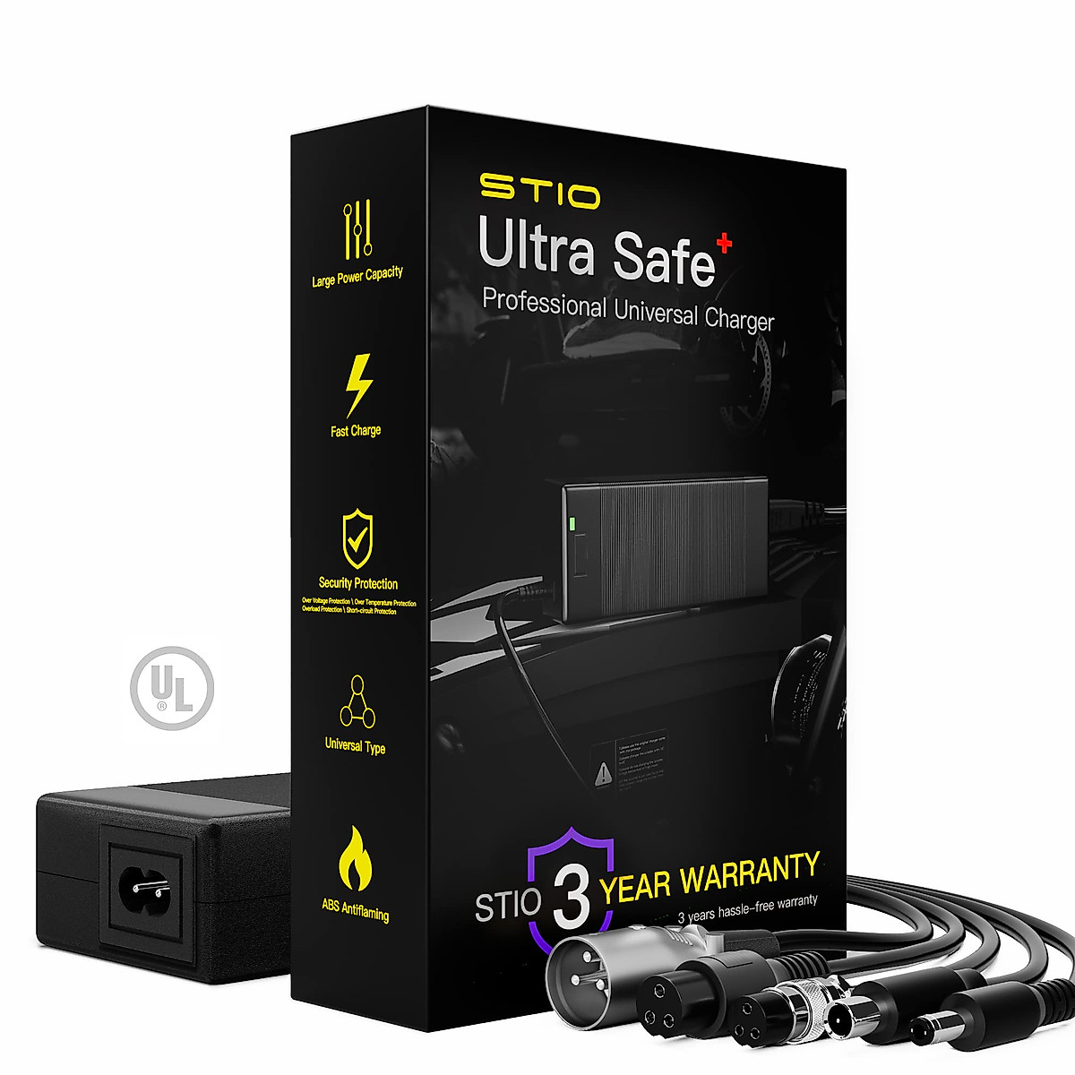 stio Universal Power Adapter Charger for Gotrax/Hiboy, 42V/36V 2A GX16 GX12 3Pins DC5.5-2.5/2.1 XLR 3Prong Connector Power Supply for 36V Lithium Battery UL Certified Charger