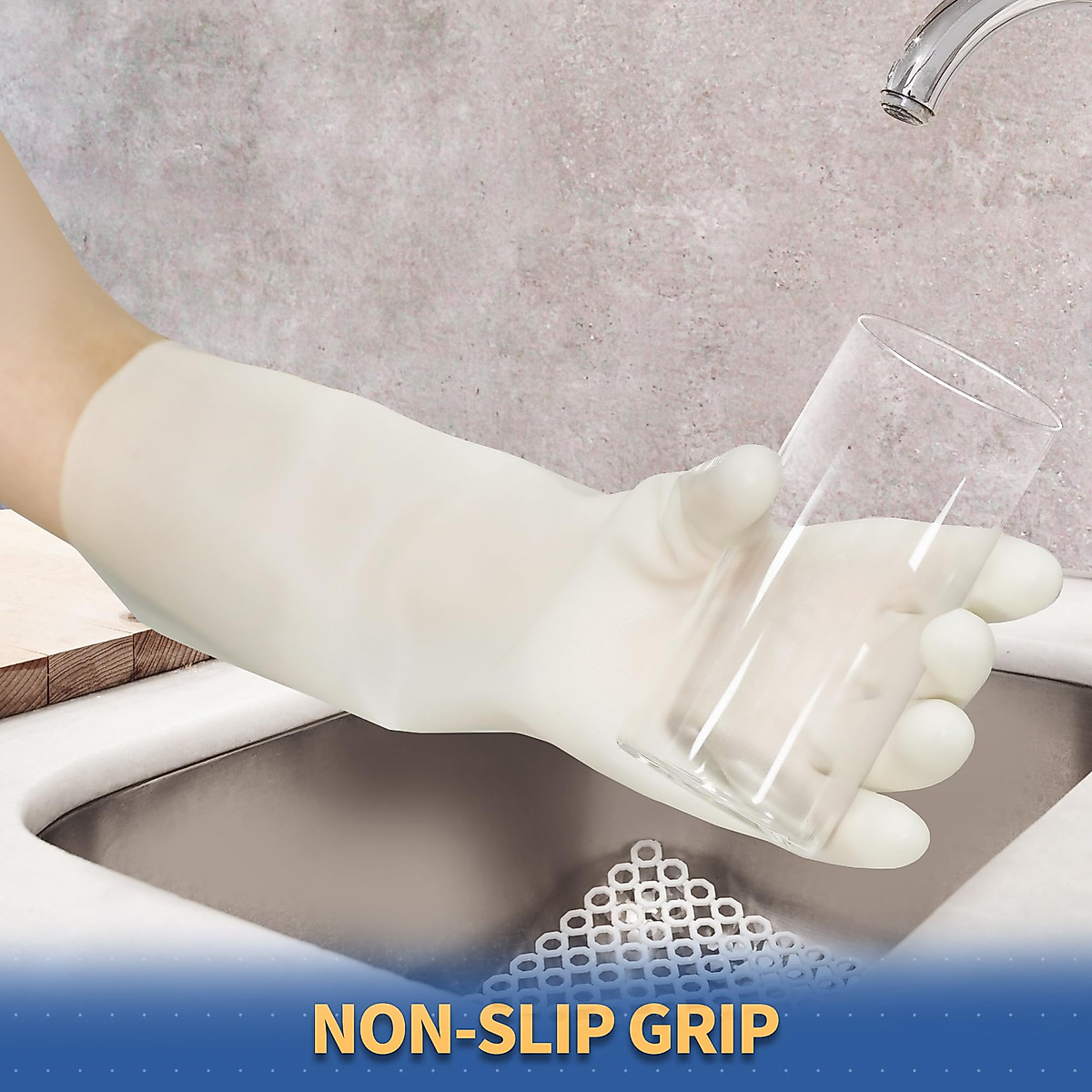 BOOMJOY Nitrile Cleaning Gloves, Long Cuff Dishwashing Gloves Heavy Duty, Reusable Medium Gloves for Kitchen, Bathroom, Gardening, Working, Pet Care - White, 3 Pairs, Size M