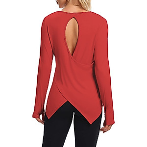 Mippo Open Back Workout Tops Long Sleeve Yoga Gym Athletic Active Wear Shirts Backless Seaters Thumb Hole Tshirts Work Out Clothes for Women Loose Fit Red S