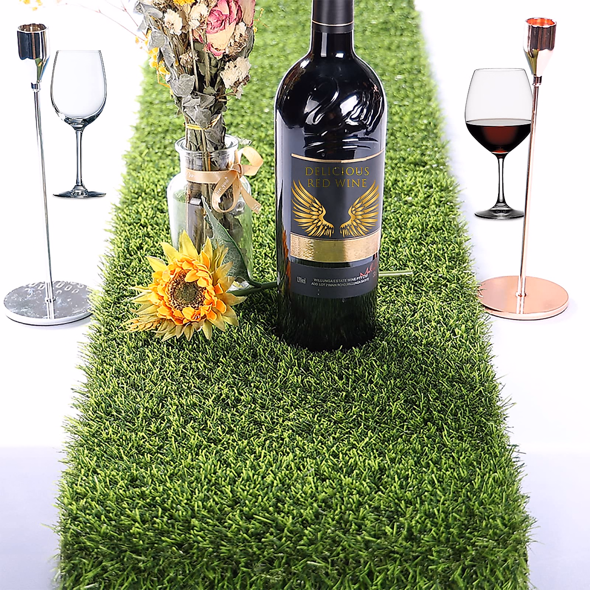 Kesfey 12 x 36 Inch Artificial Grass Table Runners Washable Green Synthetic Home Decor Faux Table Runner Trimmable Green Artificial Tabletop Supplies for Golf Themed Party Dining Decor Baby Shower