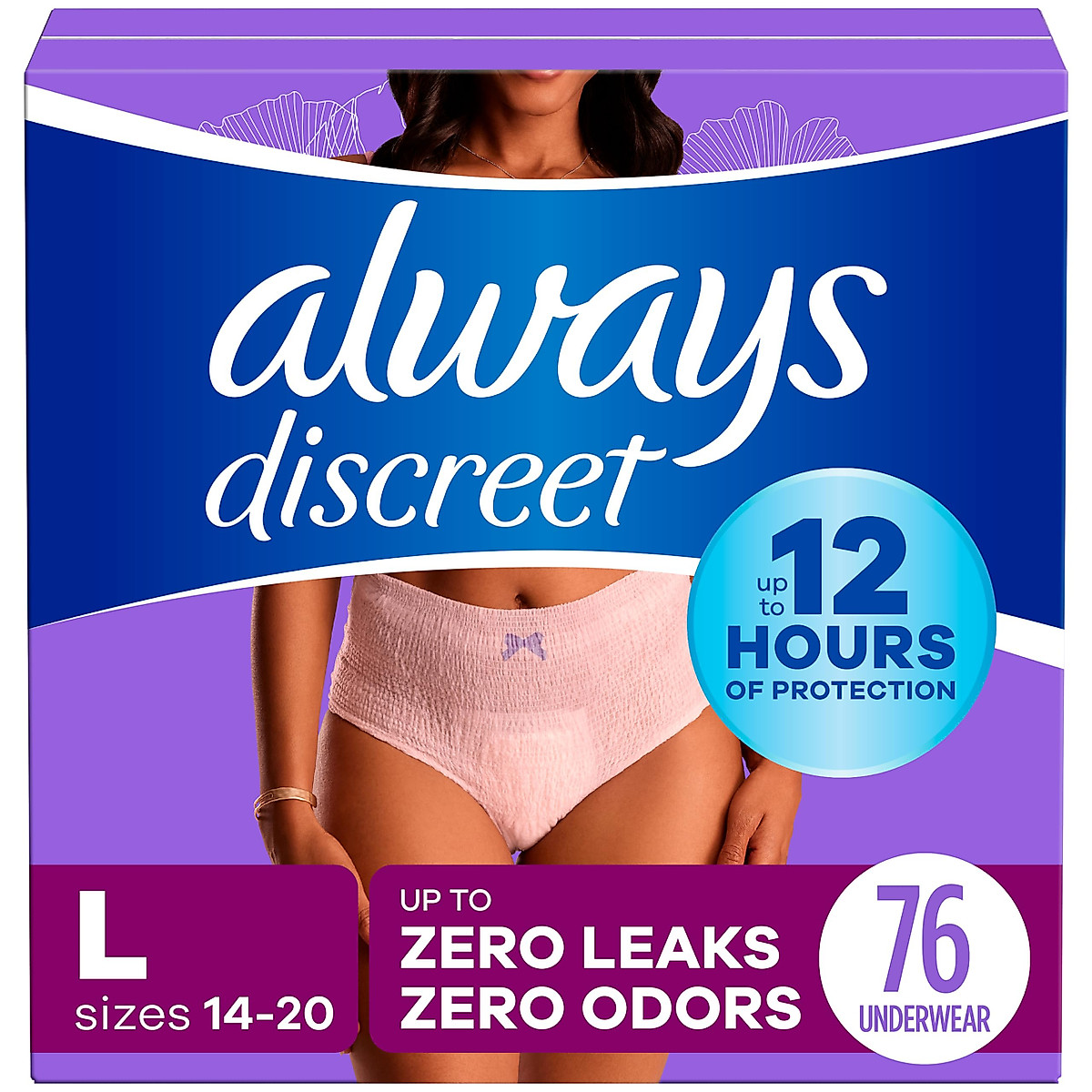 Always Discreet Adult Incontinence Underwear for Women and Postpartum Underwear, L, Up to 100%* Bladder Leak Protection, 76 CT,