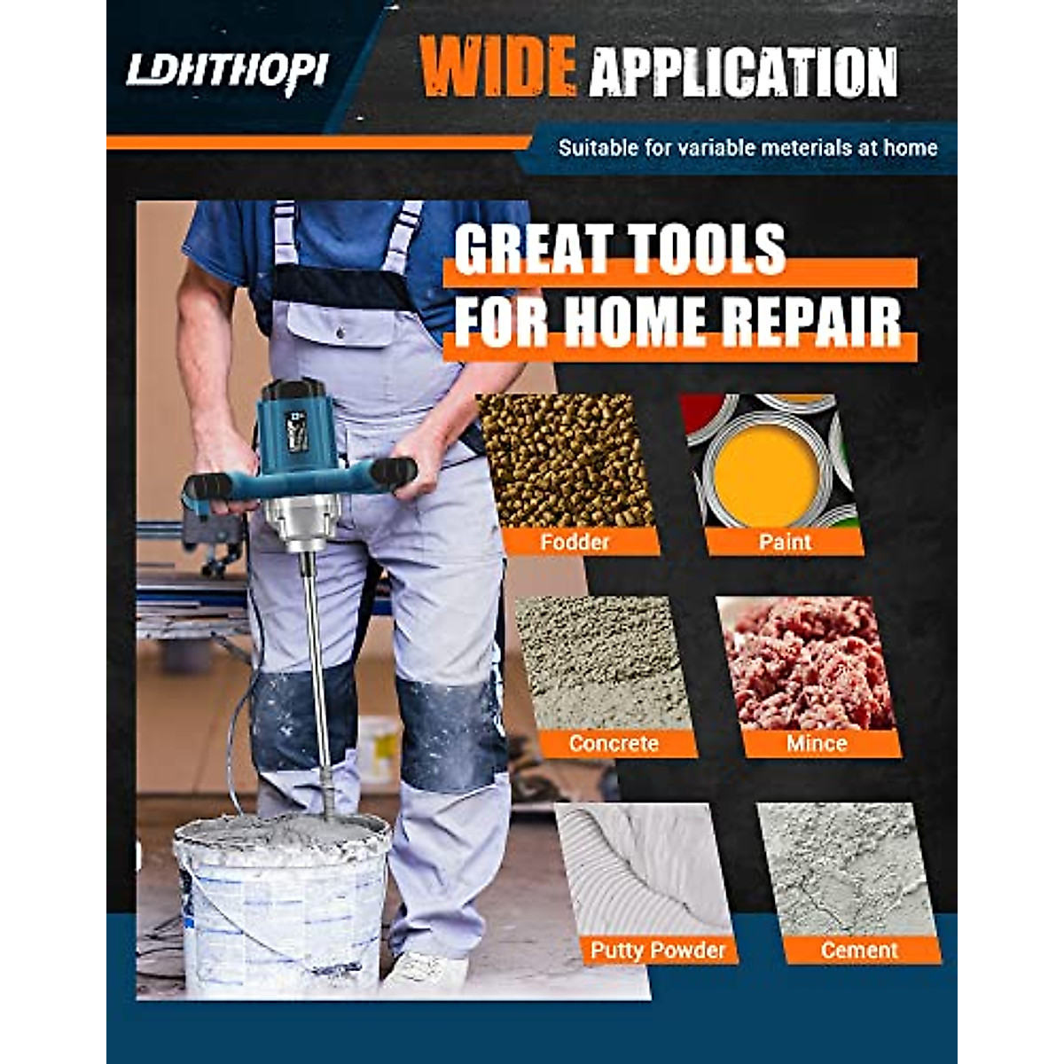 LDHTHOPI Cement Mixer, 2300W Electric Paint Mixer, Portable Mortar Mixer with 6 Adjustable Speed, 110V Handheld Mud Mixer for Mixing Mud, Cement, Mortar, Paint, Fodder