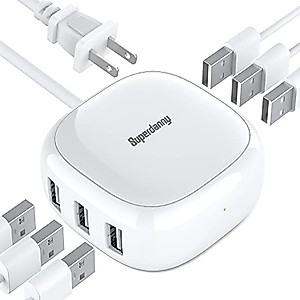 SUPERDANNY 6-Port USB Charger, 40W 8A Mini USB Charging Station, Charging Station for Multiple Devices, 4ft Cable, Compatible with iPhone, iPad, Galaxy, Pixel, for Travel, Cruise, White