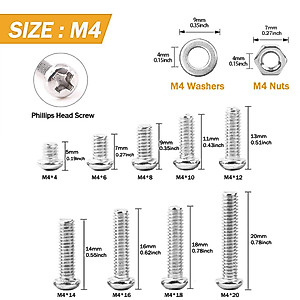 VIGRUE 810 Pcs M4 x 4/6/8/10/12/14/16/18/20 mm Screw Assortment Kit 304 Stainless Steel Machine Screws Phillips Pan Head Screws Bolts Nuts Lock Flat Washers with Storage Box