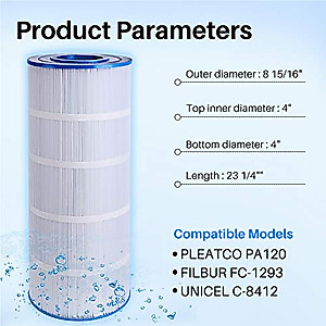 TOREAD Replacement for Pool Filter PA120, CX1200RE, C1200, Unicel C-8412, Filbur FC-1293, Waterway Clearwater II, Pro Clean 125, 817-0125N, Aladdin 22002, 120 sq.ft L x OD:23 1/4" x 8 15/16" 1 Pack